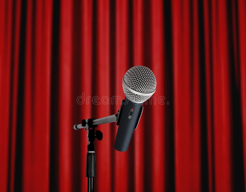 Microphone Standing Over Red Curtain Stock Image - Image of silver ...