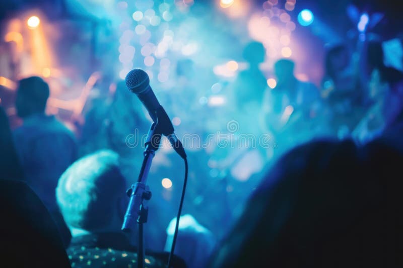 Microphone Standing on Stage during a Concert with Crowd Cheering Stock ...