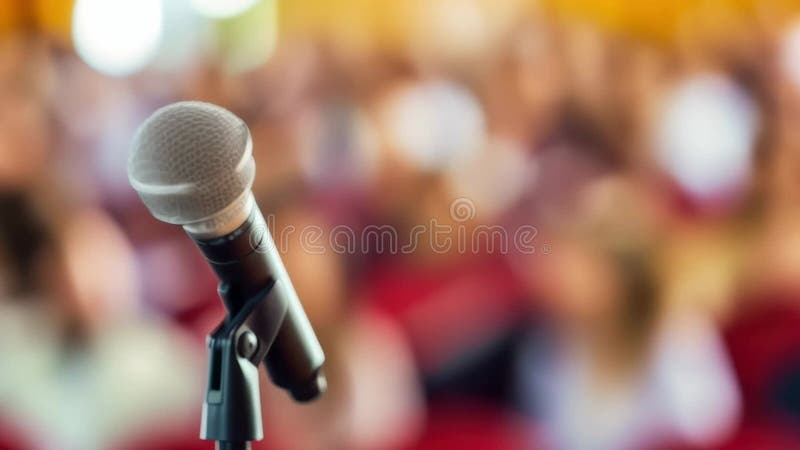 Microphone Standing on Stage in Conference Hall Stock Video - Video of ...