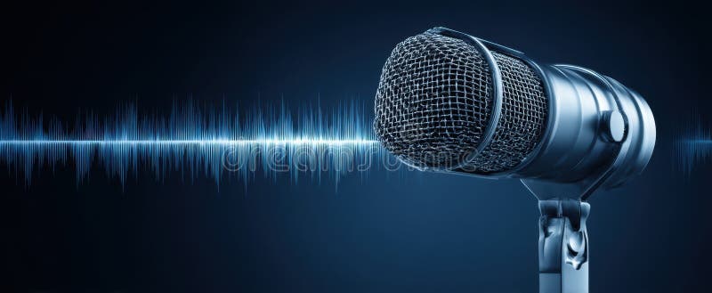The Microphone Standing before a Vibrant Audio Wave on a Dark ...