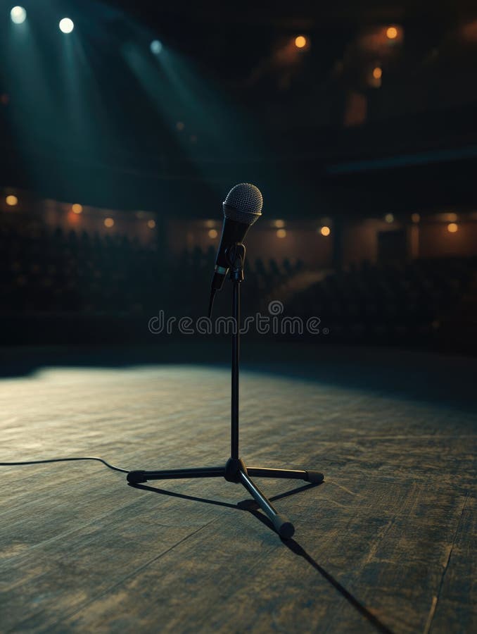 Microphone is Standing on a Wooden Stage Stock Photo - Image of live ...