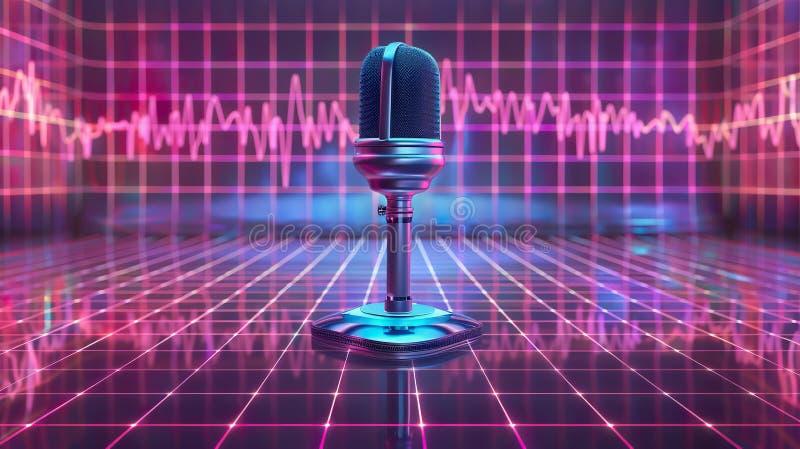 Microphone Stands Centered As Sound Wave Patterns Pulse on a Vibrant ... Microphone Stands Centered As Sound Wave Patterns Pulse on a Vibrant ...