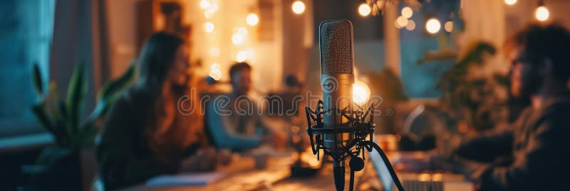 Microphone Stands in a Cozy Podcast Studio with a Lively Group ...