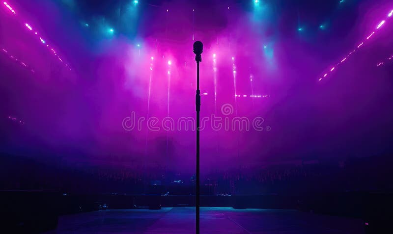 A Microphone Stands in the Middle of a Stage with Purple Lights Stock ...