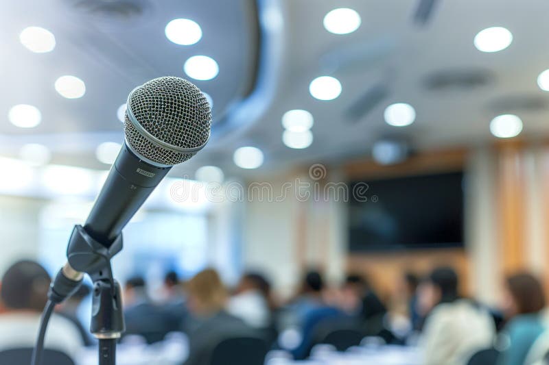 A Microphone Stands Ready in a Conference Room a Blurred Background ...