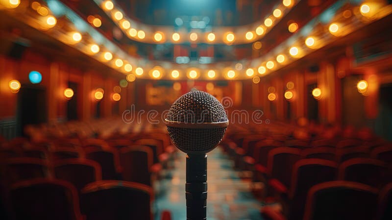 A Microphone Stands Ready in an Empty Theater Under Warm Stage Lights ...