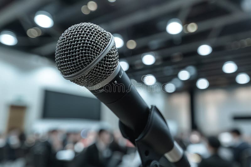 A Microphone Stands Ready for Questions in an Economic Symposium Stock ...