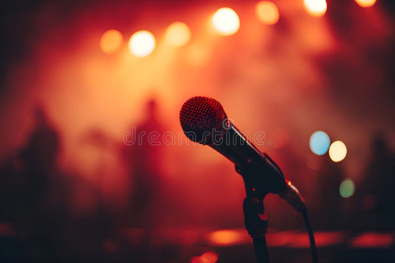Microphone on Stage Awaiting Performer with Red Lighting and Blurred ...