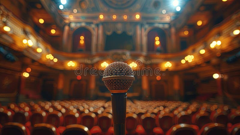 A Microphone Stands Ready on Stage in a Theater Stock Photo - Image of ...