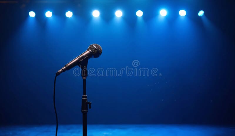 Microphone on a Stage with Blue Lighting and Spotlights. Generative AI ...
