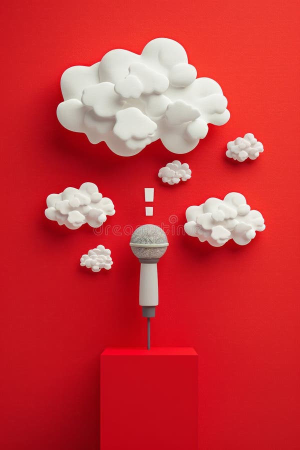 Whimsical Cloud Art with Microphone on Red Background Creative Abstract ...