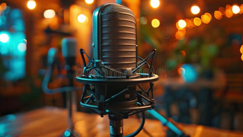A Microphone in a Studio Setting with Warm Lighting. Podcast and ...