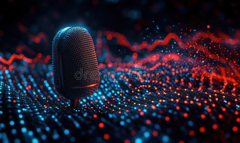 Microphone Surrounded by Vibrant Sound Waves and Digital Particles in ...