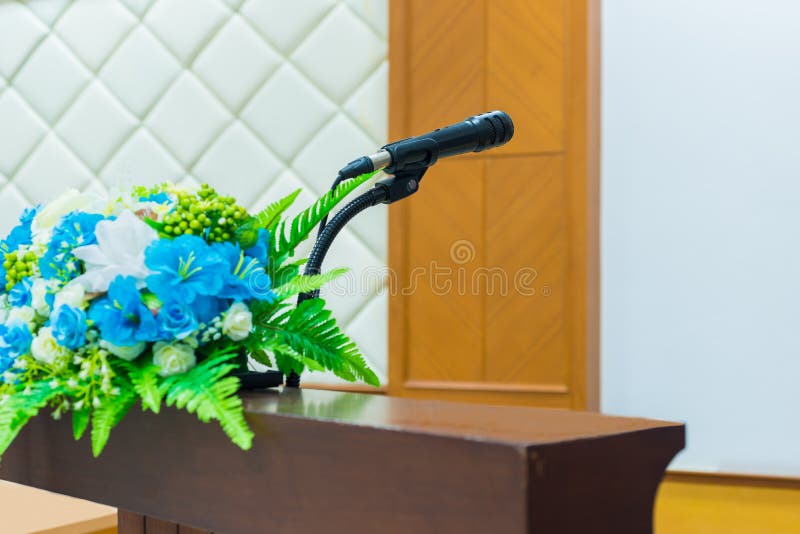 Microphone on the Table in Conference Room with Beautiful Flowers Stock ...