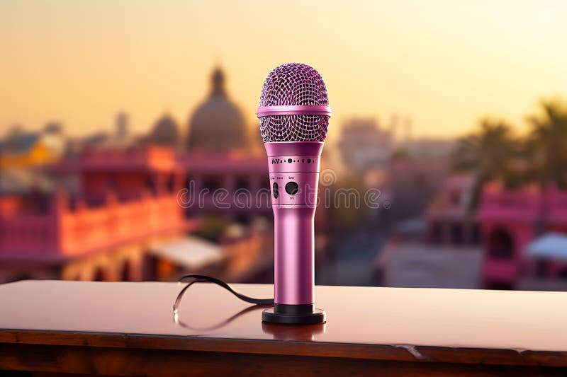 Microphone on a Table in Front of a Cityscape at Sunset Stock Image ...