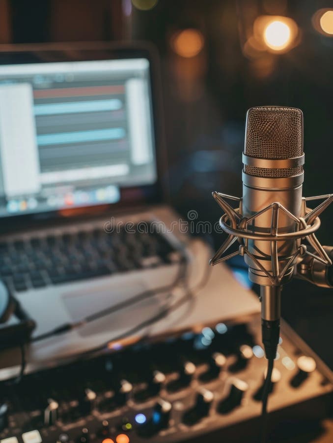 Microphone is on a Table Next To a Laptop Stock Photo - Image of ...