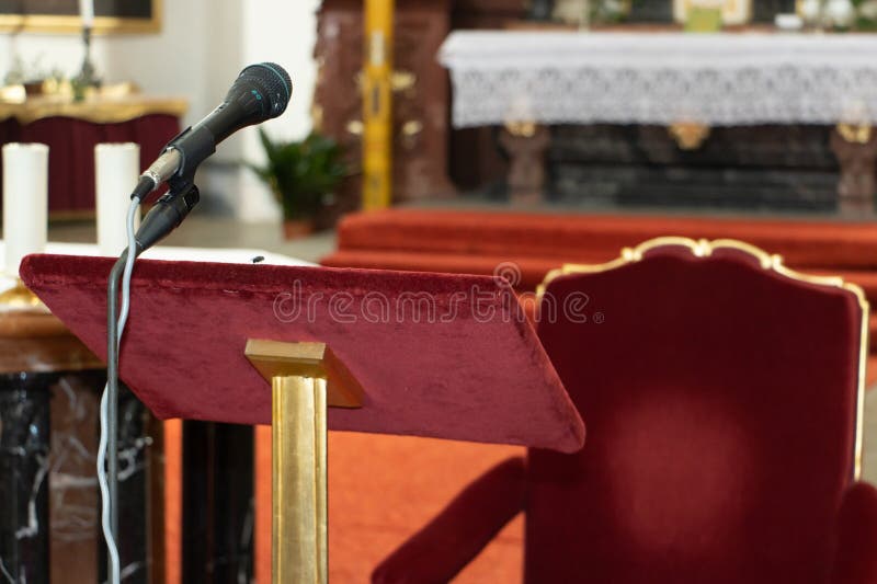 A Microphone with a Table for a Speaker in a Baroque Church Stock Photo ...