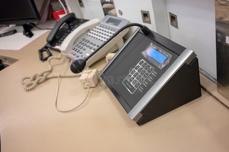 Microphone and Telephone on Working Table for Operator. Stock Photo ...