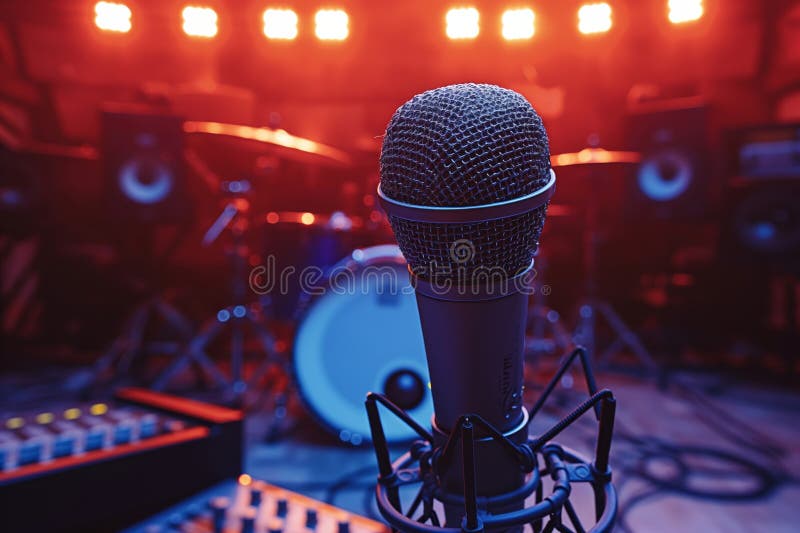 Microphone in a Vibrant Music Studio with Red Lights Stock Photo ...