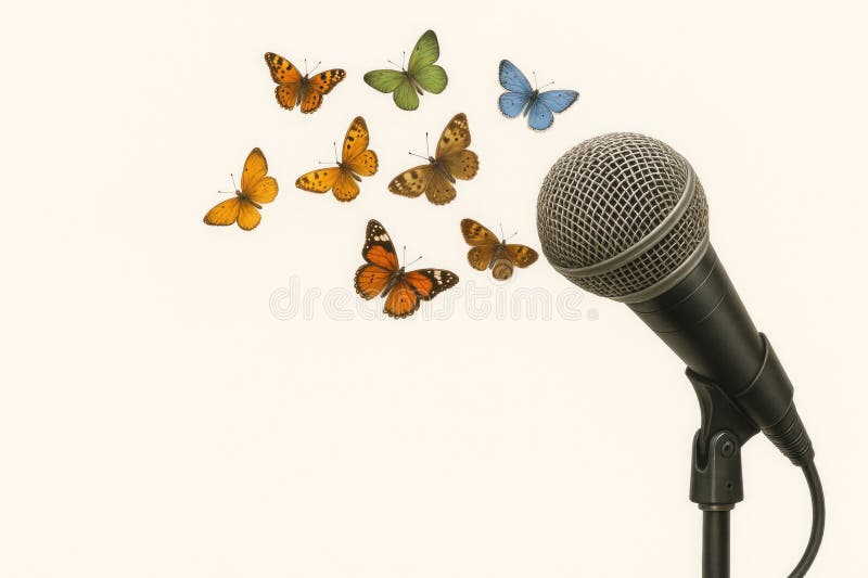A Microphone from Which Butterflies Fly Out. Space for Text. Stock ...
