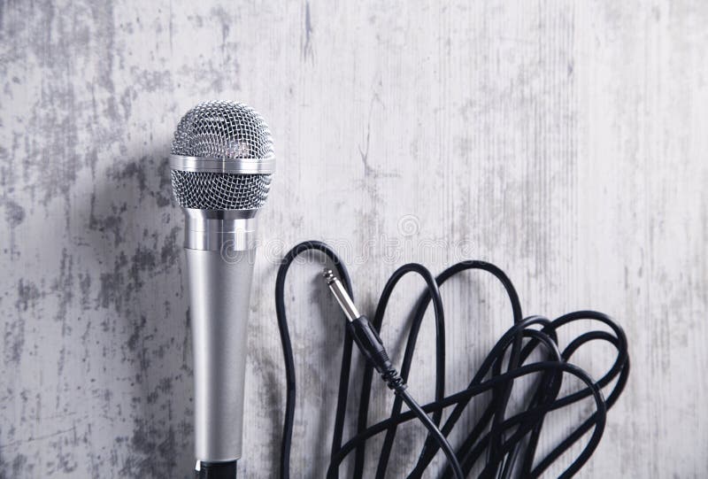 Microphone on a White Desk. Top View Stock Image - Image of voice ...