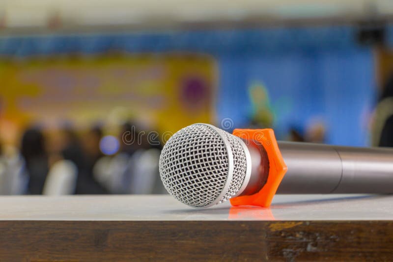 Microphone Wireless Close Up in Conference Seminar Room with Copy Space ...