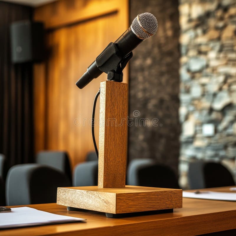 Microphone on Wooden Stand in Conference Room, 3d Render. Stock ...