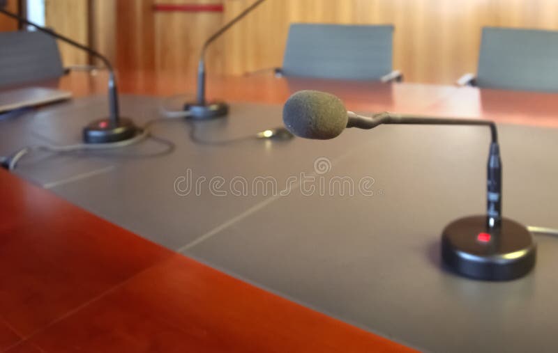 Microphone on a Wooden Table of a Boardroom Stock Image - Image of ...