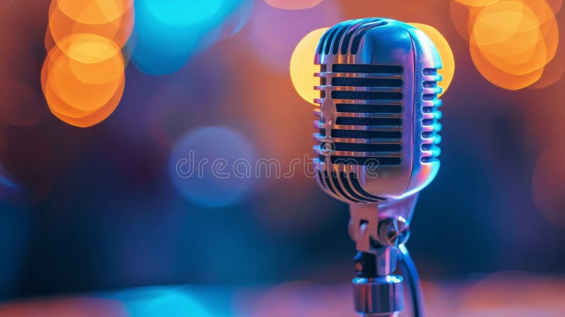 Microphone on Wooden Table stock photo. Image of vocal - 314657324