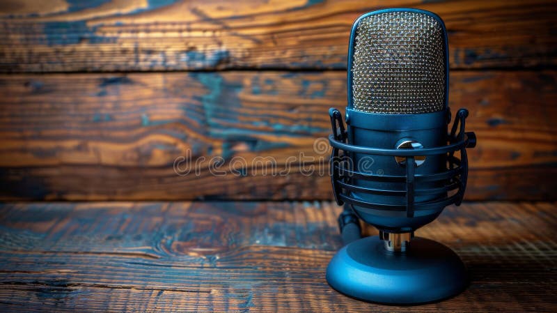 Microphone on Wooden Table stock image. Image of stage - 314663449