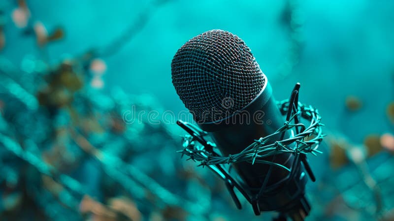 Microphone Wrapped in Barbed Wire Against a Blurred Background. Stock ...