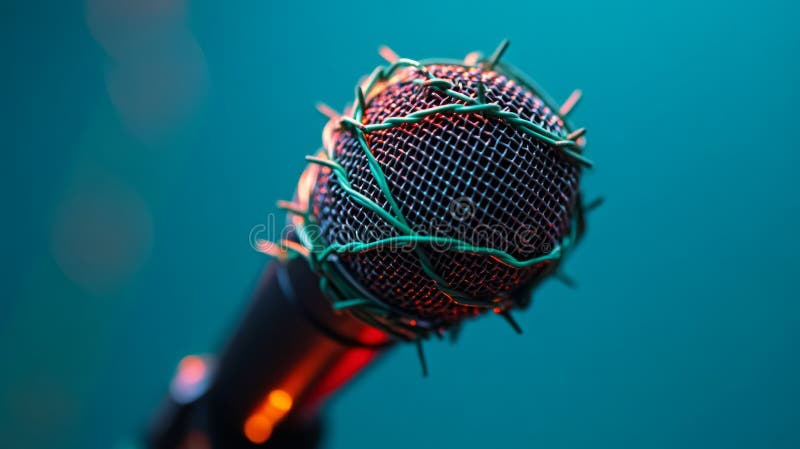 Microphone Wrapped in Barbed Wire, Teal Background Stock Photo - Image ...