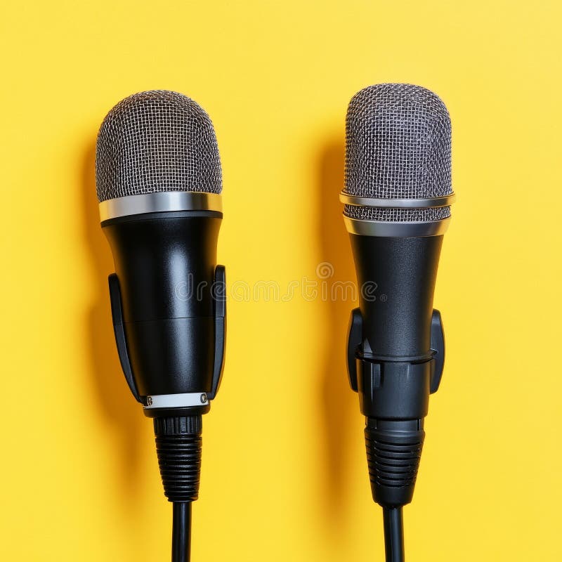 Microphone on Yellow Background. Flat Lay, Top View, Copy Space Stock ...