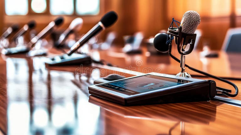 Microphones on a Conference Table Stock Image - Image of speech ...