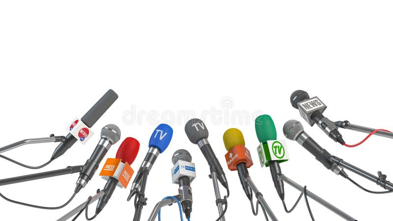 Microphones of Different Mass Media Isolated on White. Press Conference ...