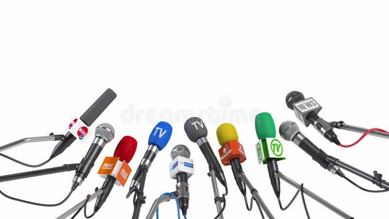 Microphones of Different Mass Media. Press Conference or Interview ...