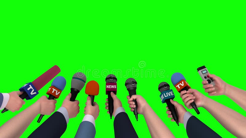 Microphones in the Hands of Journalists on Green Background, 3D ...