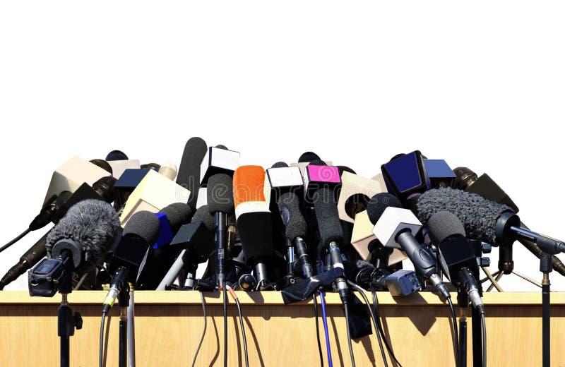 Microphones during Press Conference Stock Photo - Image of seminar ...