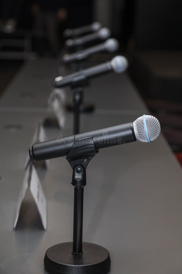 Microphones in Press Conference Room Stock Photo - Image of background ...