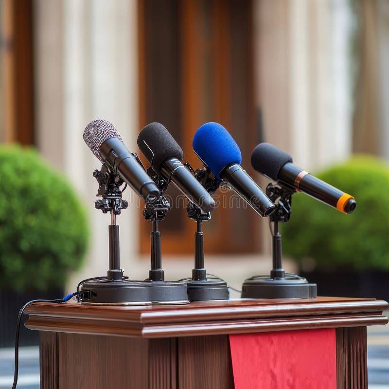Microphones on a Stand in Front of the House during a Press Conference ...