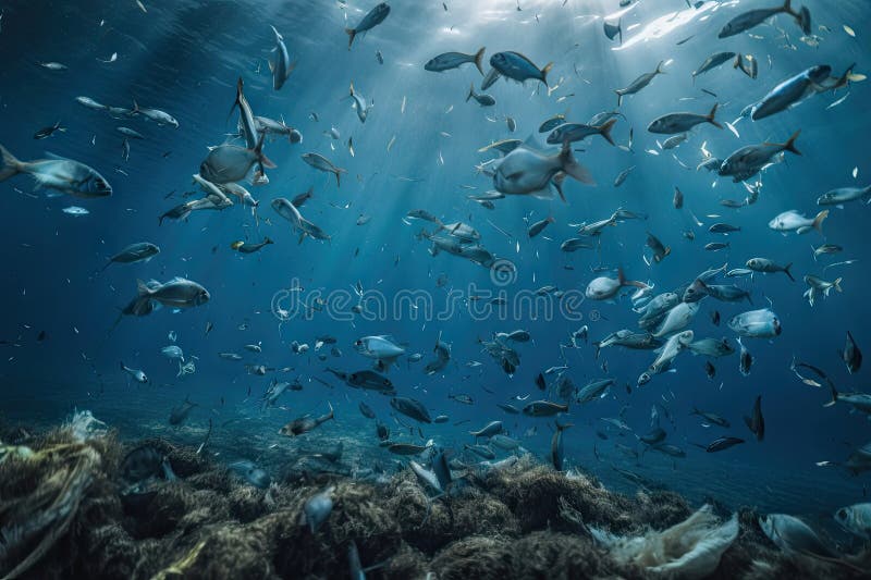 Microplastic Pollution in the Ocean, with Fish Swimming among Plastic ...