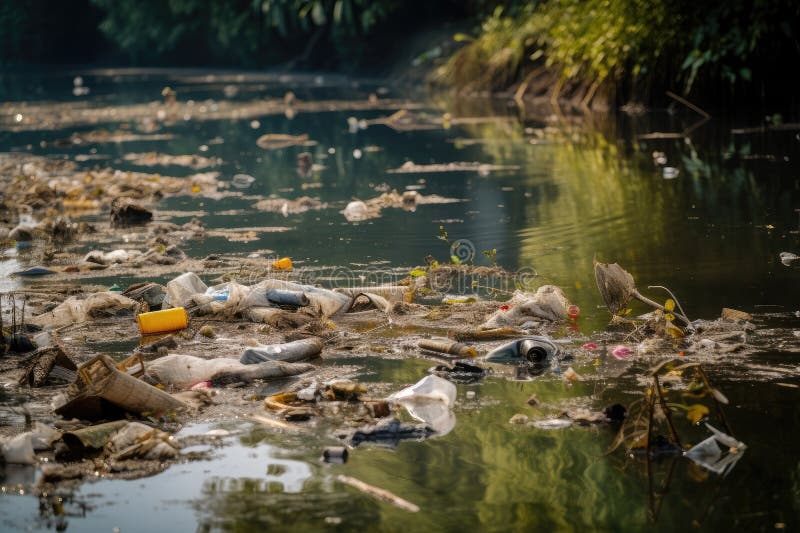 Microplastic Pollution in River, with Trash and Debris Floating on the ...