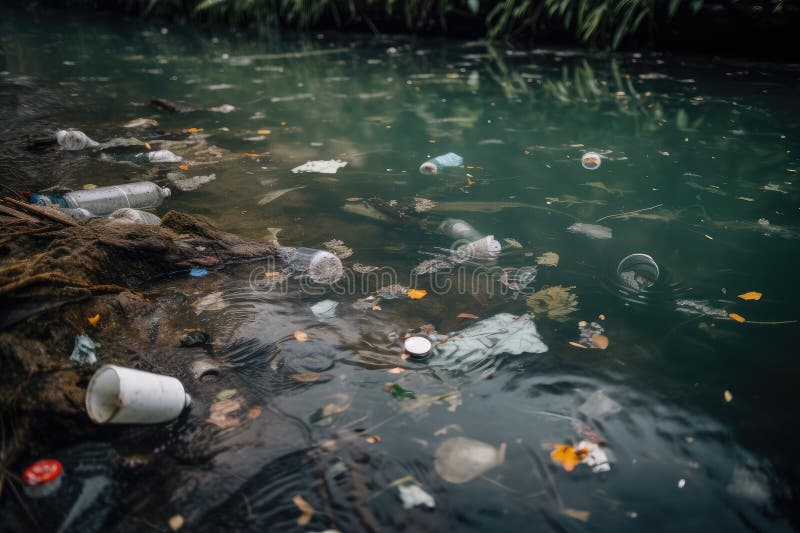 Microplastic Pollution in River, with Trash and Debris Floating on the ...
