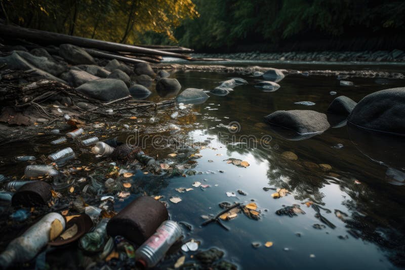Microplastic Pollution in River, with Trash and Debris Floating on the ...