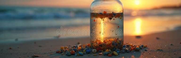 Microplastic Pollution in Water Sample Jar on Sandy Beach with Sunset ...