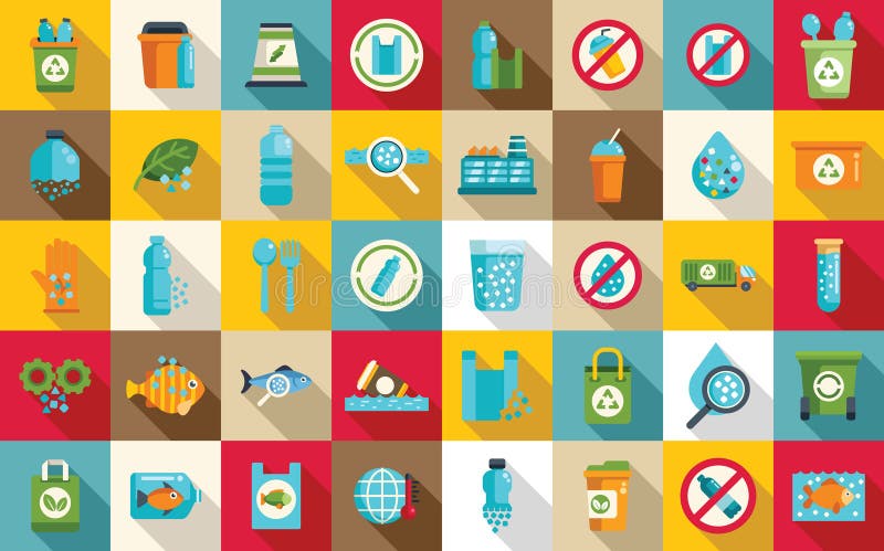 Microplastics Pollution Icons Set Flat Vector. Fish Environment Plastic Stock Vector ...