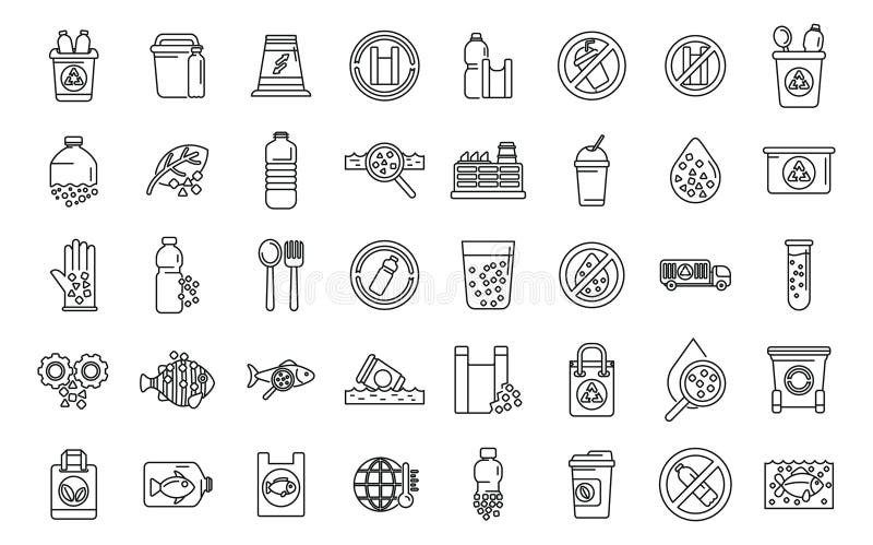 Microplastics Pollution Icons Set Outline Vector. Fish Environment ...