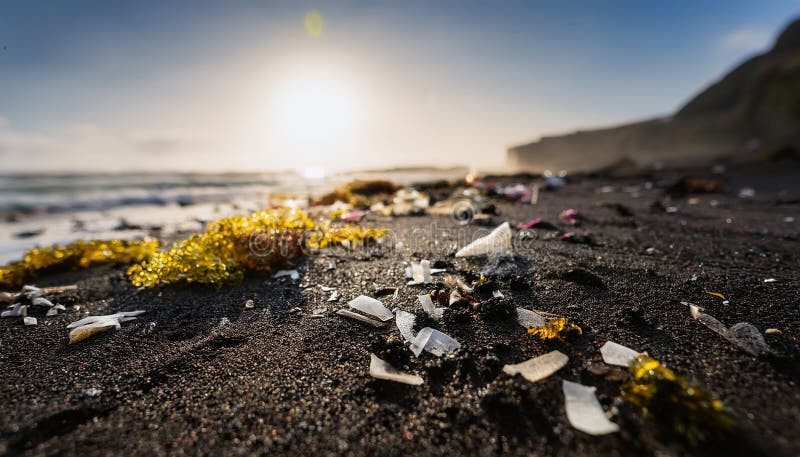 Microplastics between Seaweed on the Sandy Beach Stock Illustration ...