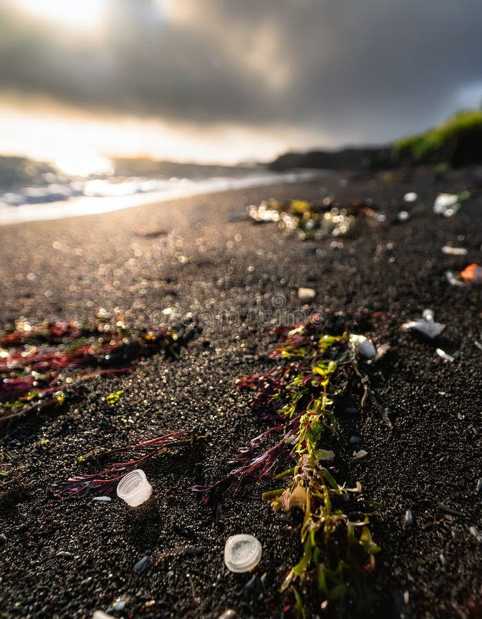 Microplastics between Seaweed on the Sandy Beach Stock Illustration ...