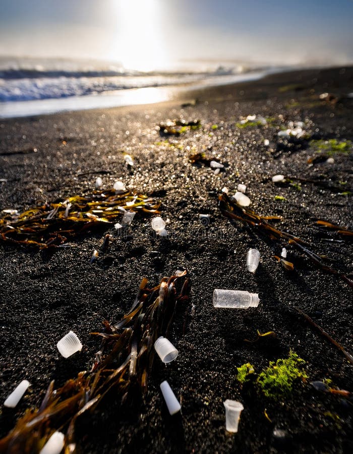 Microplastics between Seaweed on the Sandy Beach Stock Illustration ...